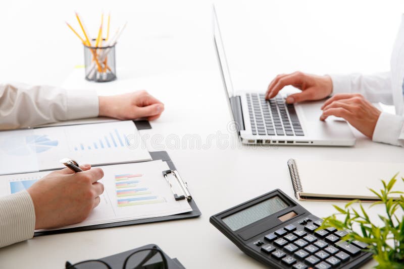 Business Team Two Colleagues Discussing New Plan Financial Graph Data ...