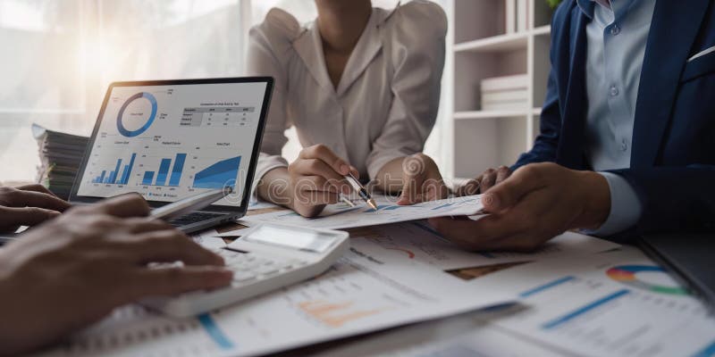 Business Team Using a Calculator To Calculate the Numbers of Statistic ...