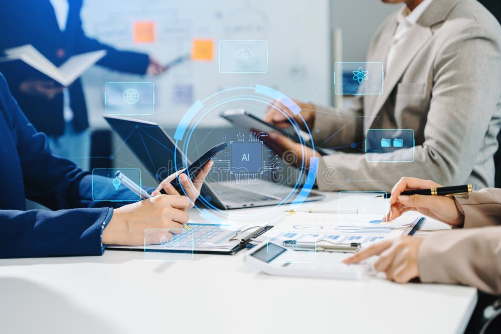 Business Team Using Chatbot in Computer and Tablet Smart Intelligence ...