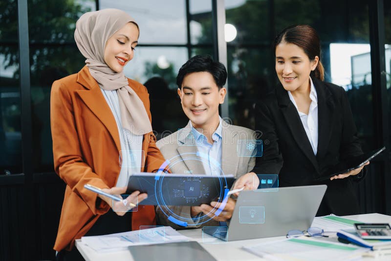 Team Business Using Chatbot Computer Tablet Smart Intelligence Ai Chat ...