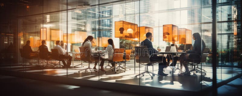 Business Team Work in a Glass Office in Evening Stock Illustration ...