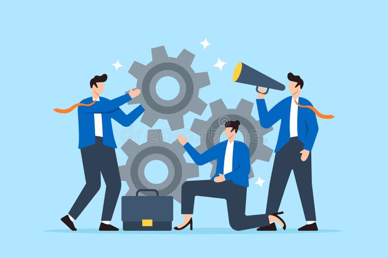 Business Team Work Together with Gear Cogwheel in Flat Design Stock ...