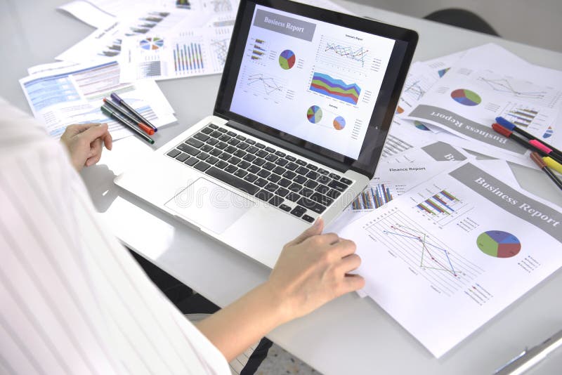 Business Team Working Computer Laptop Data Analysis and Document Stock ...