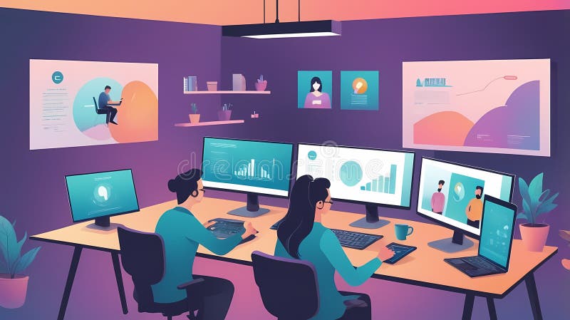 Business Team Working on Computers in Modern Office with Data Charts ...