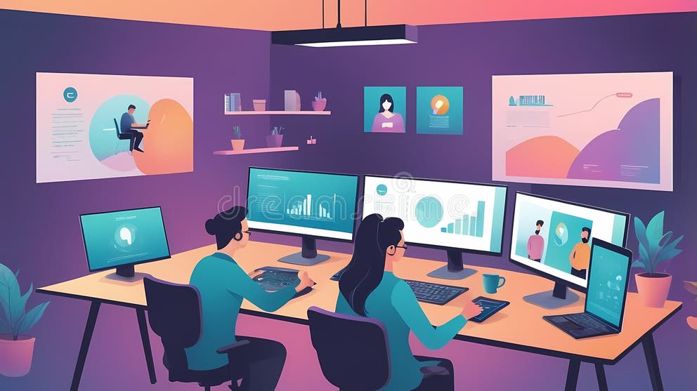 Business Team Working on Computers in Modern Office with Data Charts ...