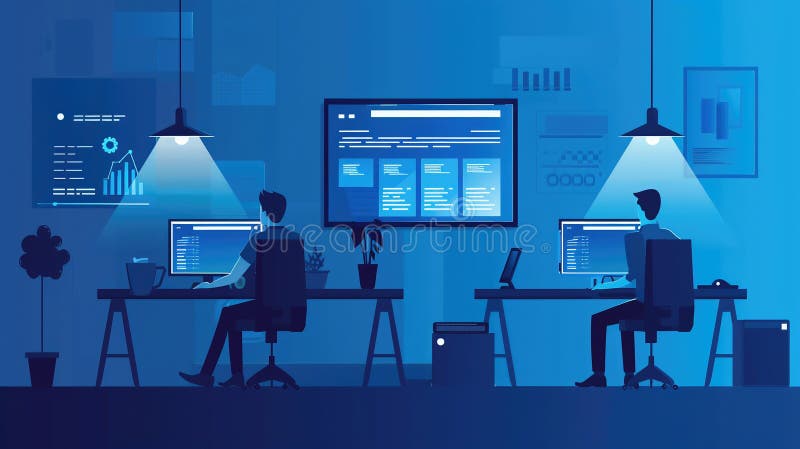 Business Team Working Together Remotely. Flat Illustration Style, Blue ...