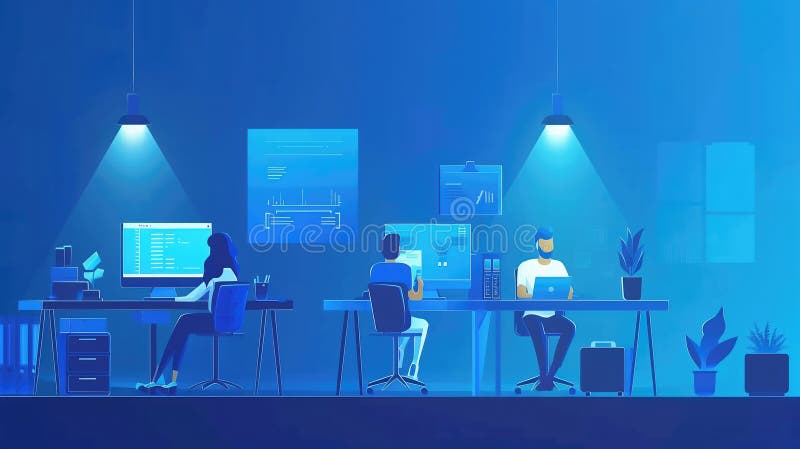 Business Team Working Together Remotely. Flat Illustration Style, Blue ...