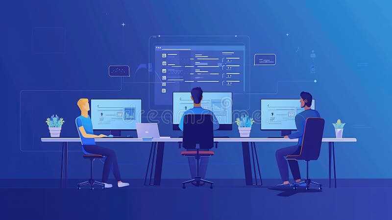 Business Team Working Together Remotely. Flat Illustration Style, Blue ...