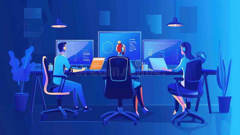 Business Team Working Together Remotely. Flat Illustration Style, Blue ...