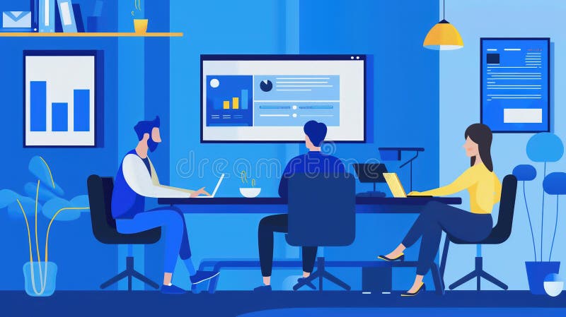 Business Team Working Together Remotely. Flat Illustration Style, Blue ...