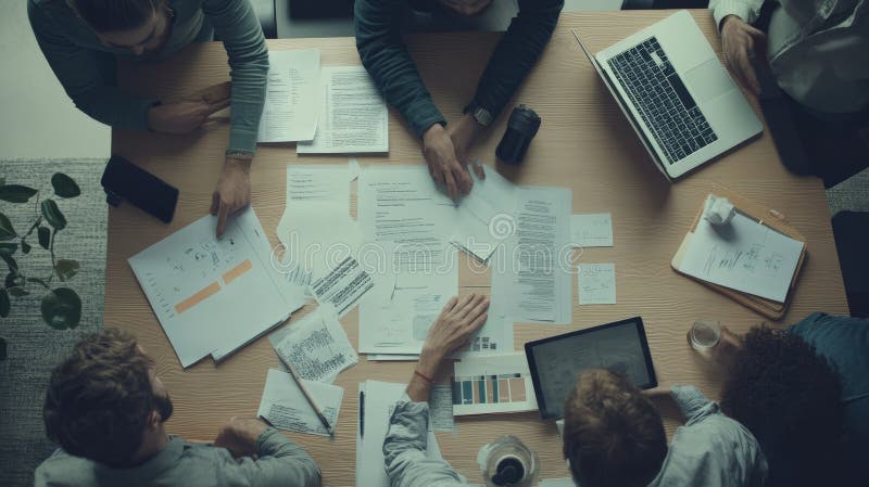 Business Team Working Together at a Table with Documents, Laptops, and ...