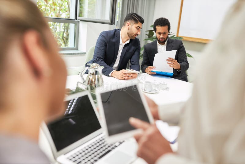 Business Team Works with Tablet and Laptop Computer Stock Image - Image ...