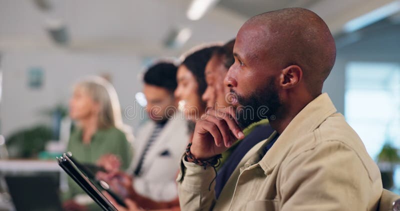 Business, Team and Workshop with Tablet and Question with Talking ...