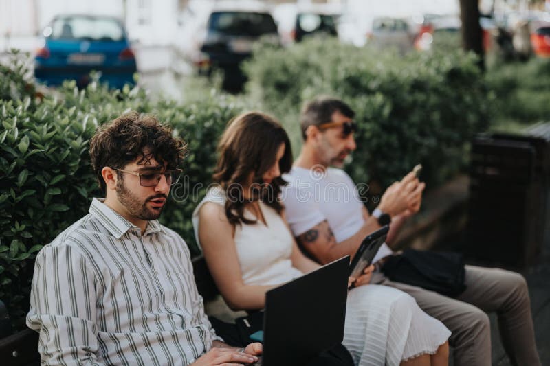 Business Teammates Working on a Project while Sitting on an Outdoor ...