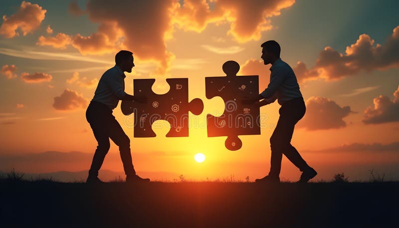 Business Teamwork at Sunset: Puzzle Piece Connection Stock Illustration ...