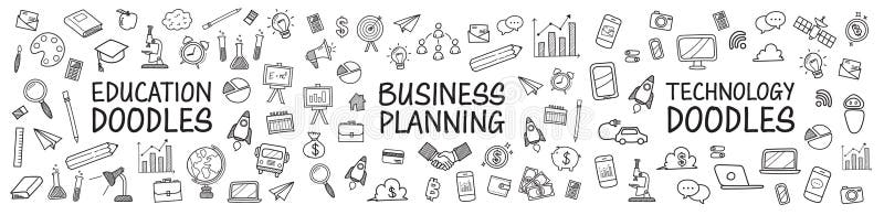 Business Technology and Education Doodles Hand Drawn Icons Stock Vector ...