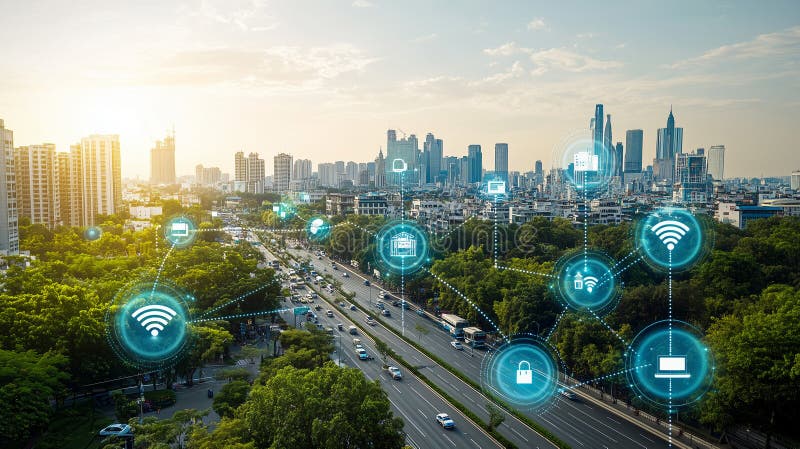 Smart City Technology Network Aerial View Urban Landscape IoT Eco Data ...