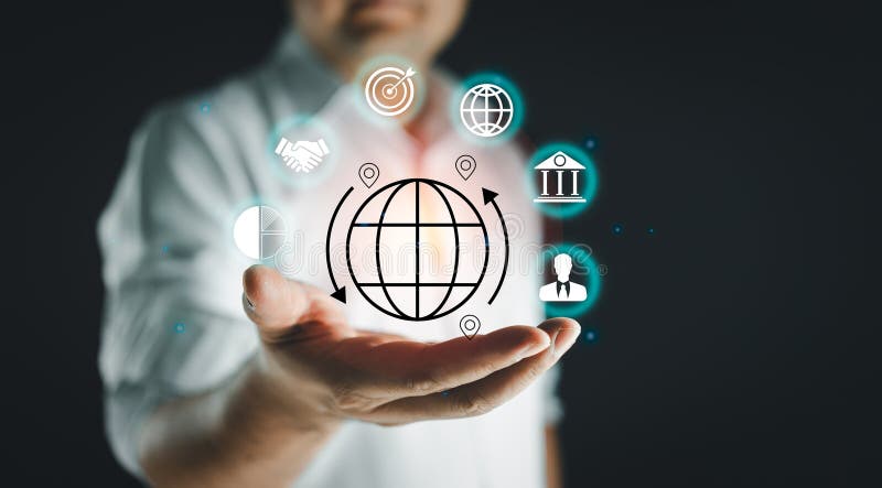 Business Technology Solution Concept. Businessman Holding Icons of ...