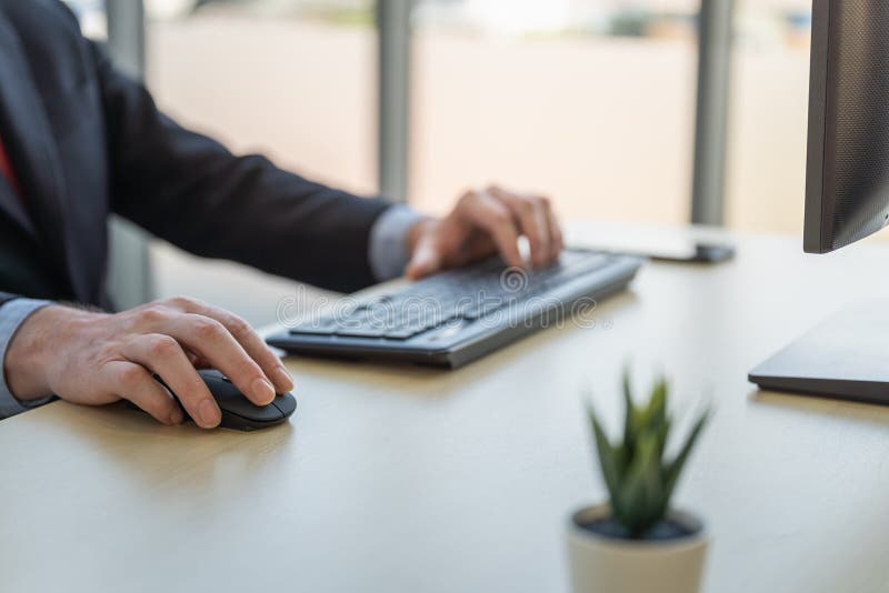 Business, Technology and Work Place Concept. Closeup of Caucasian ...