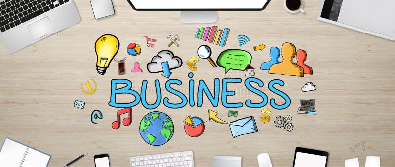 Business Text and Icons on Office Background Stock Illustration ...