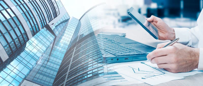 Business Theme Photo Collage Composed of Few Images. Remote Work Stock ...