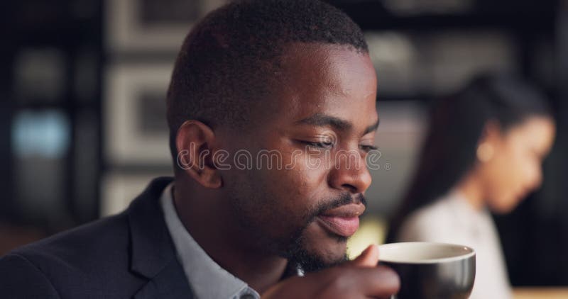 Business, Thinking and Black Man with Coffee in Office for ...