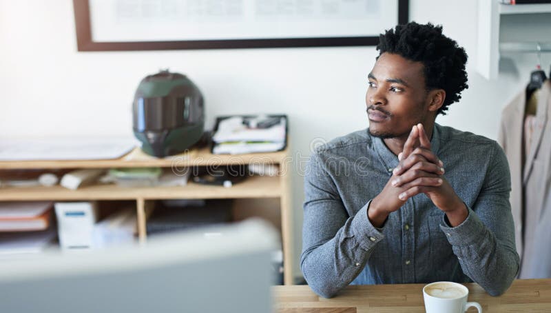 Business, Thinking and Black Man with Ideas, Hands Together and ...