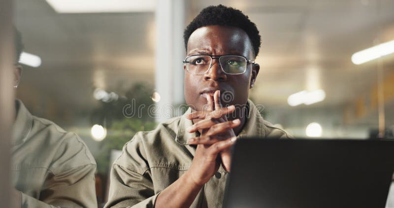 Business, Thinking and Black Man with Laptop, Doubt and Problem Solving ...