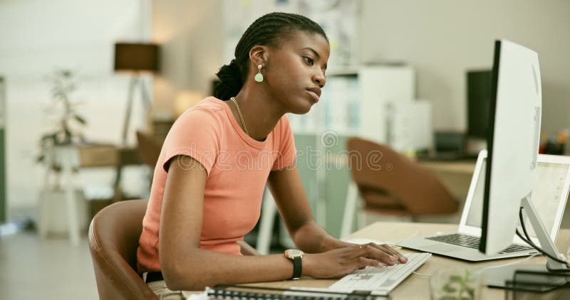 Business, Thinking and Black Woman with a Computer, Internet and ...