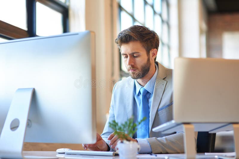 Business, Thinking and Man with a Computer, Internet and Solution with Problem Solving, Website ...