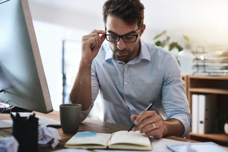 Business, Thinking and Man with Computer, Notes and Reading with ...