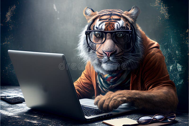 Business Tiger in Glasses Uses a Laptop. AI Generated. Stock ...