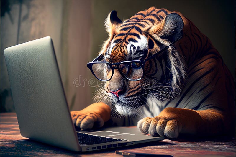 Business Tiger in Glasses Uses a Laptop. AI Generated. Stock ...