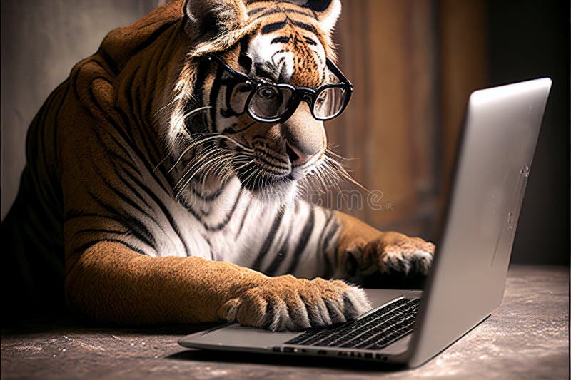 Business Tiger in Glasses Uses a Laptop. AI Generated. Stock ...