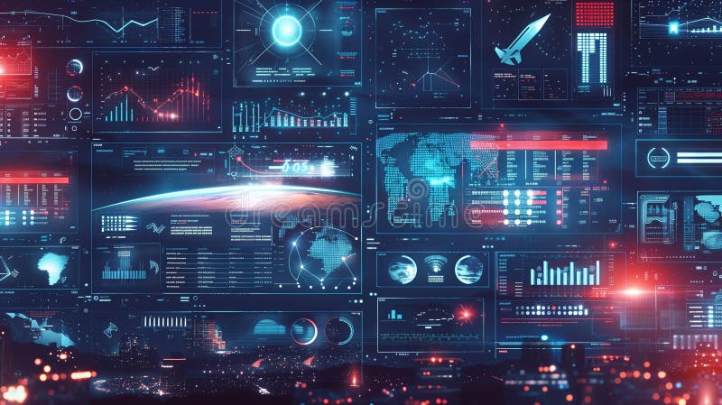 Business Tools in a Futuristic Collage on a Dark Blue Background. Stock ...