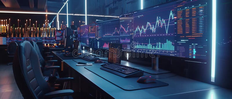 Business Traders Work at Desktops with Charts, Graphs, Infographics ...