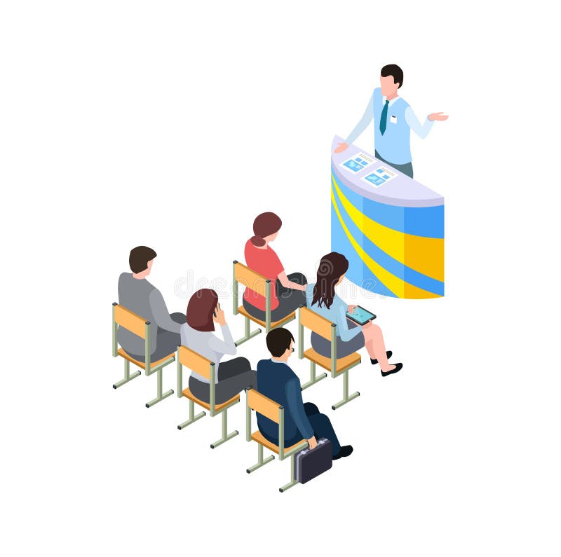 Business Training. Coach on Tribune, 3d People Learning or Listen ... Business Training. Coach on Tribune, 3d People Learning or Listen ...