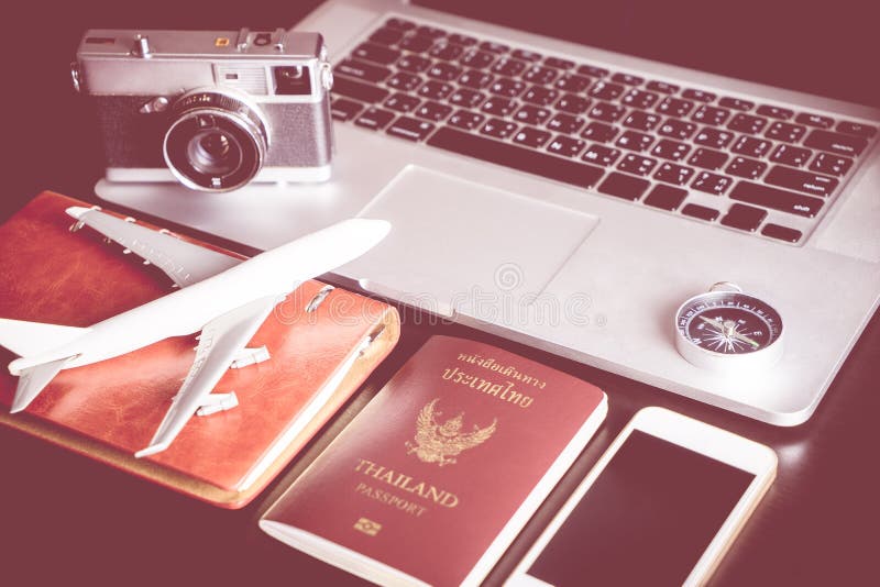 Business Travel Computer and Objects on Desk Stock Photo - Image of ...
