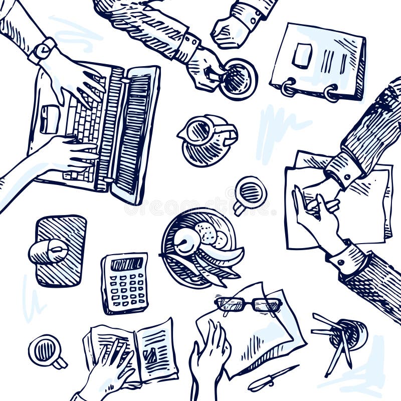 Desk with a Computer or Workplace in Office Drawn by Hand Doodle Style ...