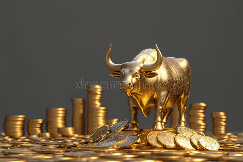 Business Wealth 3D Rendering of Gold Bull and Coins Group Stock ...