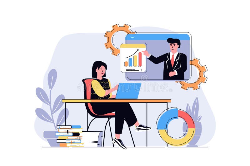 Business Webinar Web Concept with Cartoon People Design. Woman Learning ...