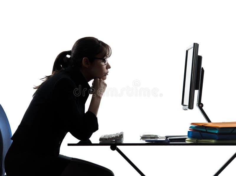 Silhouette Woman Thinking Computer Stock Image - Image of college ...