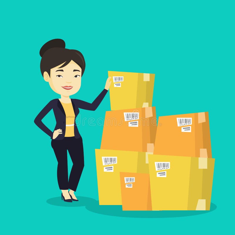 Business Woman Checking Boxes in Warehouse. Stock Vector - Illustration ...