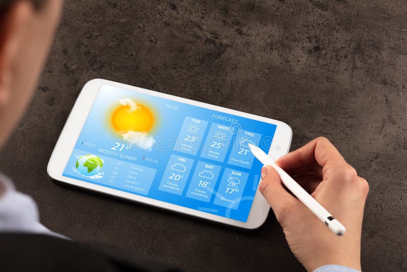 Business Woman Checking Weather Stock Photo - Image of earth, display ...