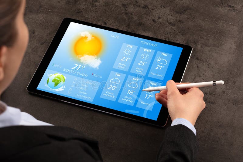 Business Woman Checking Weather Stock Photo - Image of electronic ...