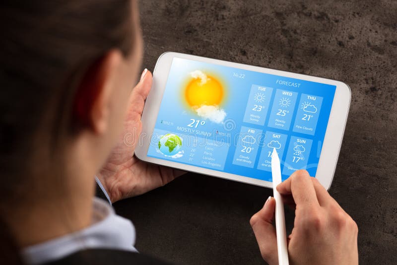 Business Woman Checking Weather Stock Image - Image of cold, city ...