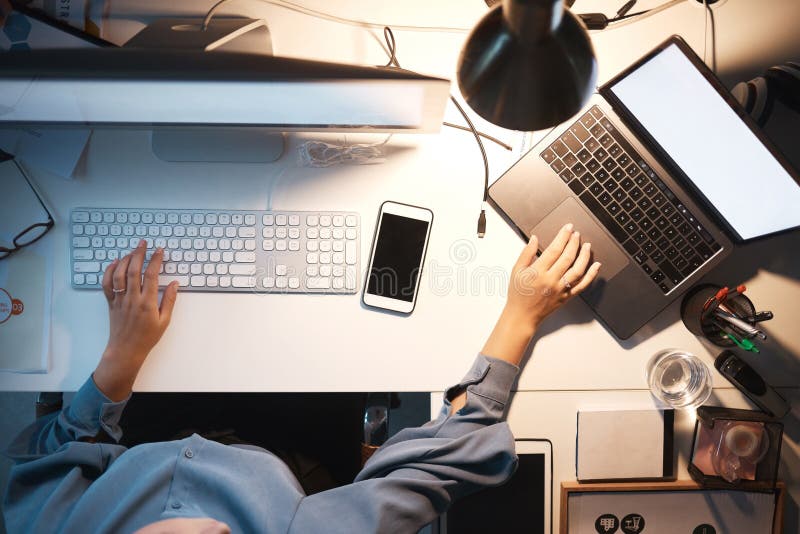 Business Woman Computer And Hands Typing On Keyboard Above At Night With Laptop Pc And Phone