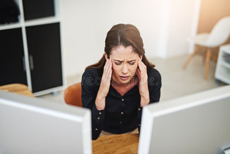 Business Woman Computer And Headache In Office For Information Technology Software Or Online