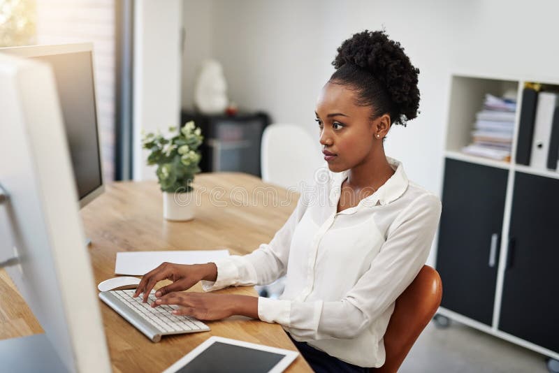 Business Woman, Computer and Reading in Office for Information ...