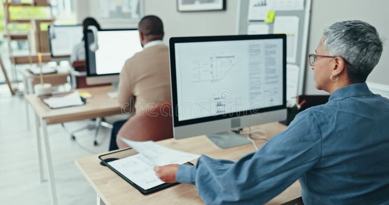 Business Woman, Computer Screen and Architecture Floor Plan, Analysis ...